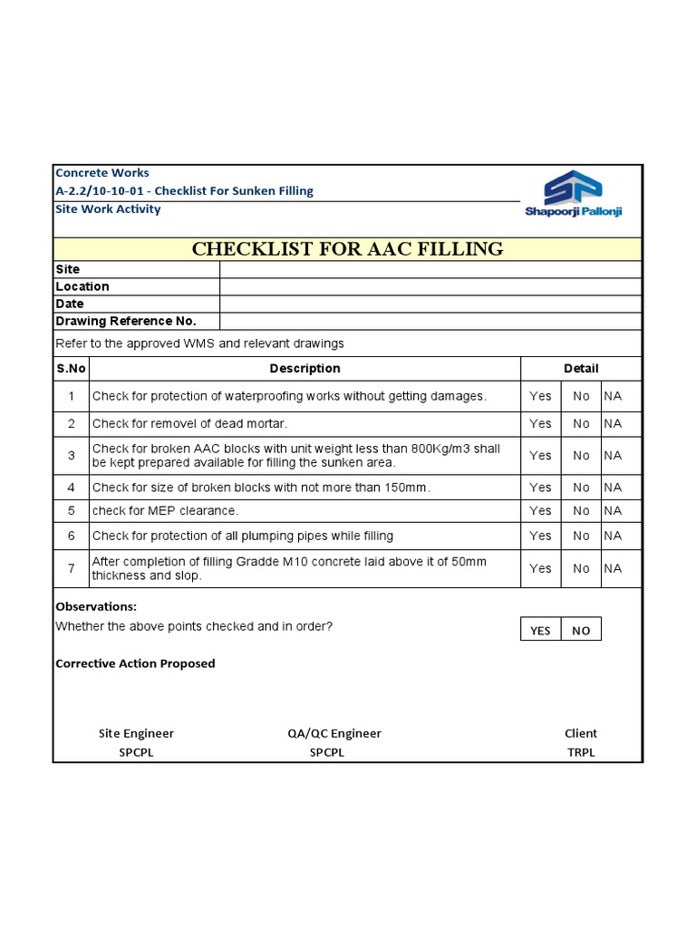 Checklist For Sunken Filling | PDF