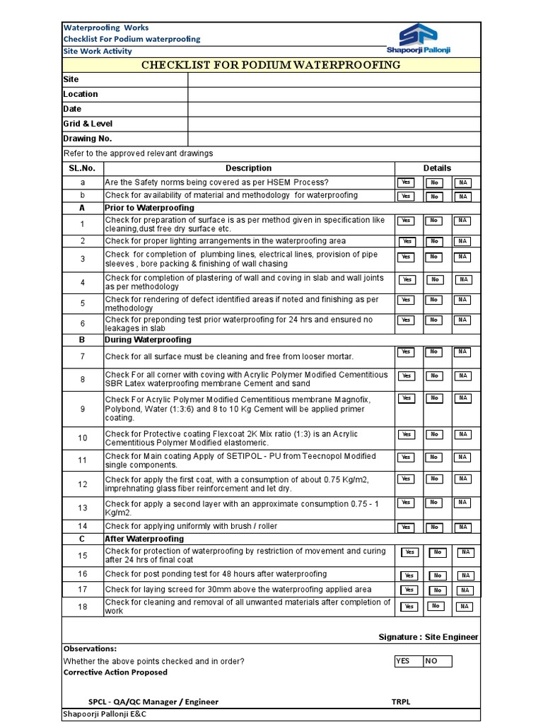Podium Waterproofing Checklist | PDF