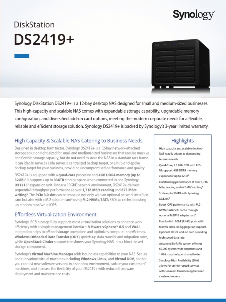 Synology DS2419 Plus Data Sheet Enu 221031 185718 | PDF | Backup | File Transfer Protocol