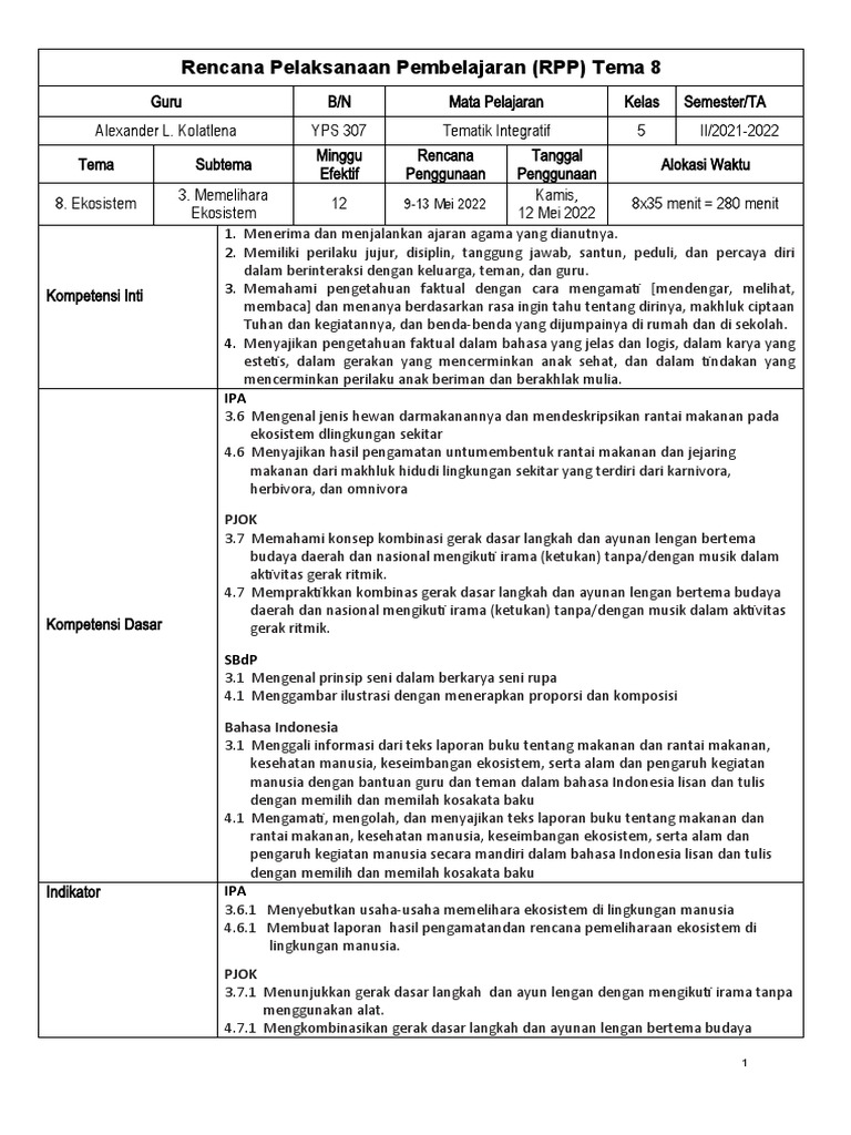 RPP Kelas 5 Subtema 3 - Pembelajaran 5 - Lody Kolatlena | PDF | Seni & Disiplin Bahasa