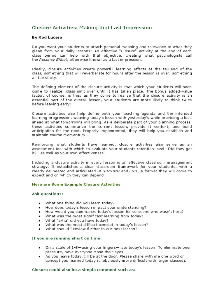 Closure Activities EXAMPLES and Ideas | PDF