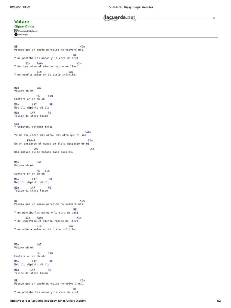VOLARE, Gipsy Kings - Acordes - Re | PDF | Canciones | Canciones americanas