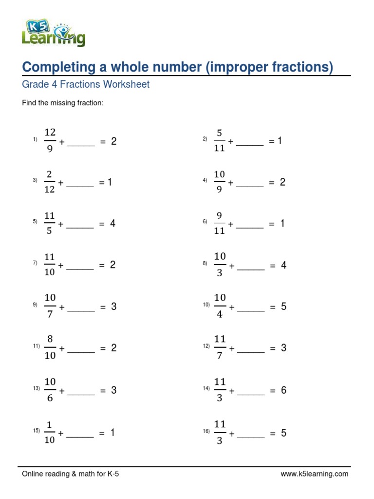 Grade 4 Improper Fractions Worksheet | PDF | Teaching Methods & Materials