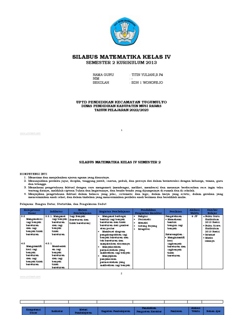 Silabus Matematika Kelas 4 Semester 2 | PDF