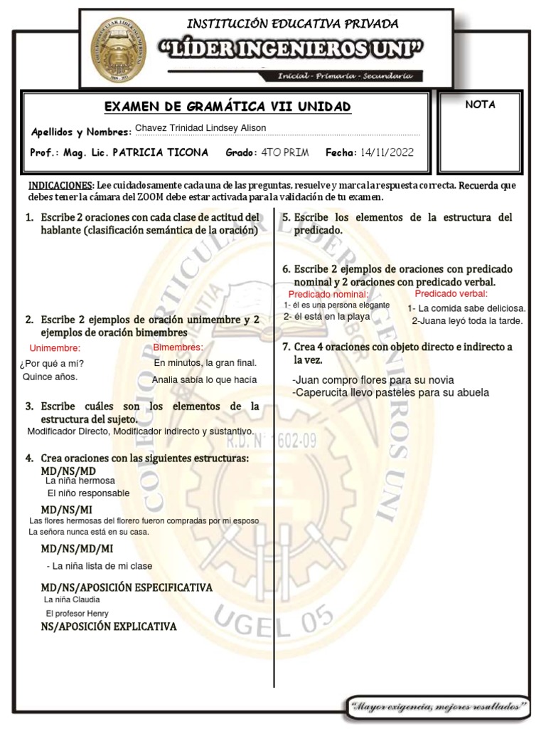 Examen Gramatica | PDF | Predicado (Gramática) | Oración (Lingüística)