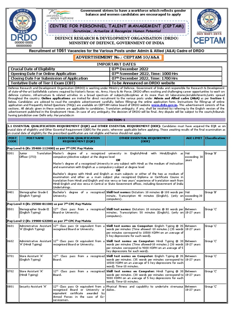 DRDO CEPTAM 10 A&A Recruitment 2022 Notification | PDF
