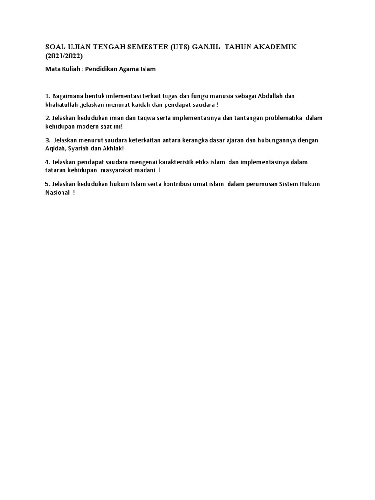 Soal Uts Agama Islam 2021 | PDF