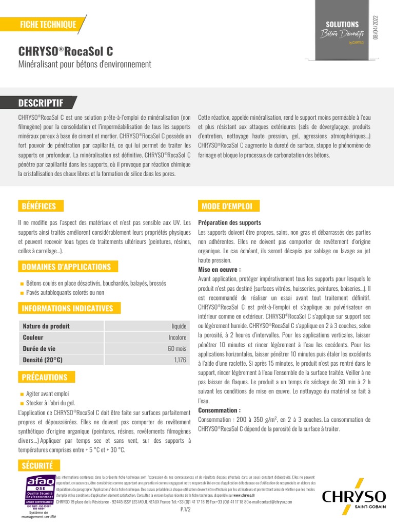 Fiche Technique Chryso Rocasol C - 5482 - 501 | PDF | Mortier (matériau ...