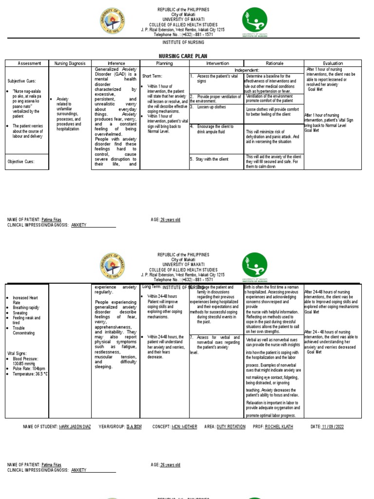 ANXIETY NCP | PDF | Anxiety Disorder | Childbirth