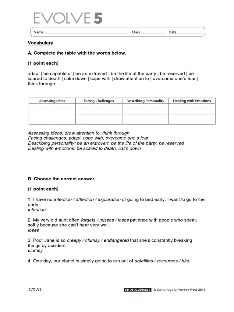 Evolve 5 Mid Term Review ANSWER KEY. | PDF