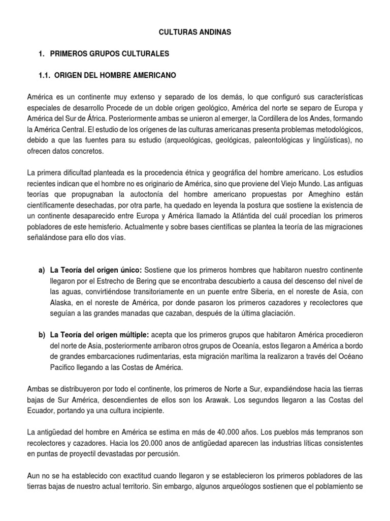 Complementarios Tema 1 Culturas Andinas Primera Parte | PDF