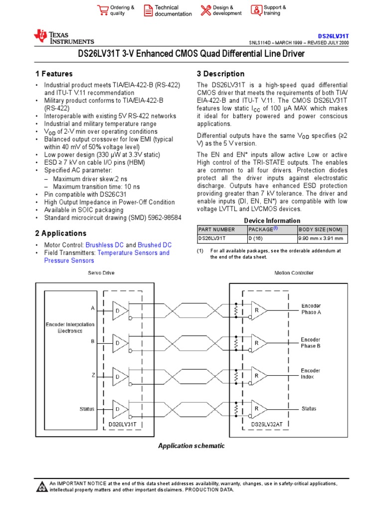 DS26LV31T 3-V Enhanced CMOS Quad Differential Line Driver: 1 Features 3 ...