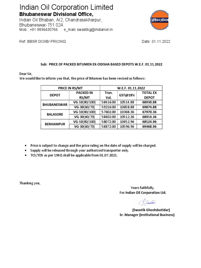 IOCL Bitumen Price List November 2022 | PDF | Economies | Petroleum