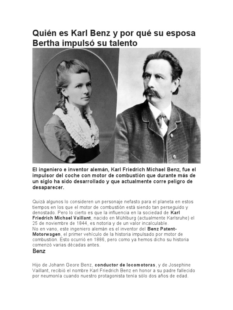 Quién Es Karl Benz y Por Qué Su Esposa Bertha Impulsó Su Talento | PDF ...