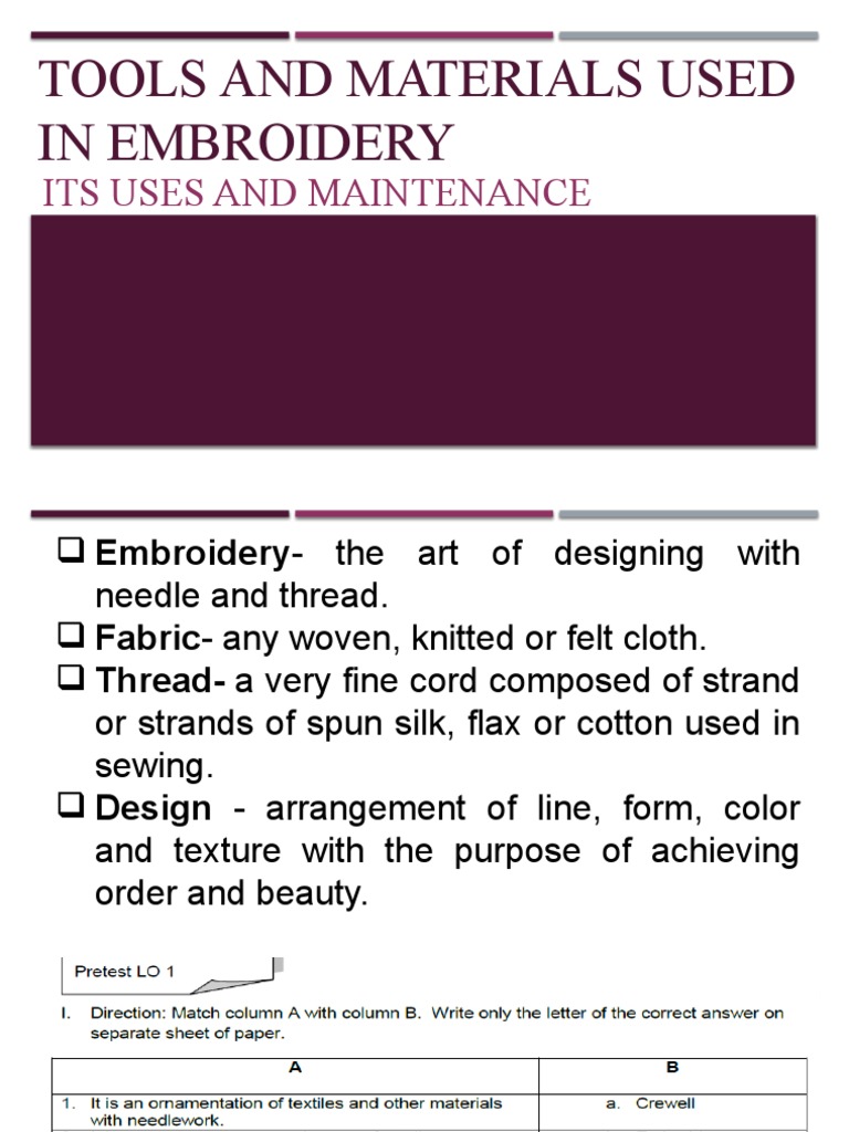 TOOLS AND Materials USED IN EMBROIDERY | PDF | Embroidery | Yarn