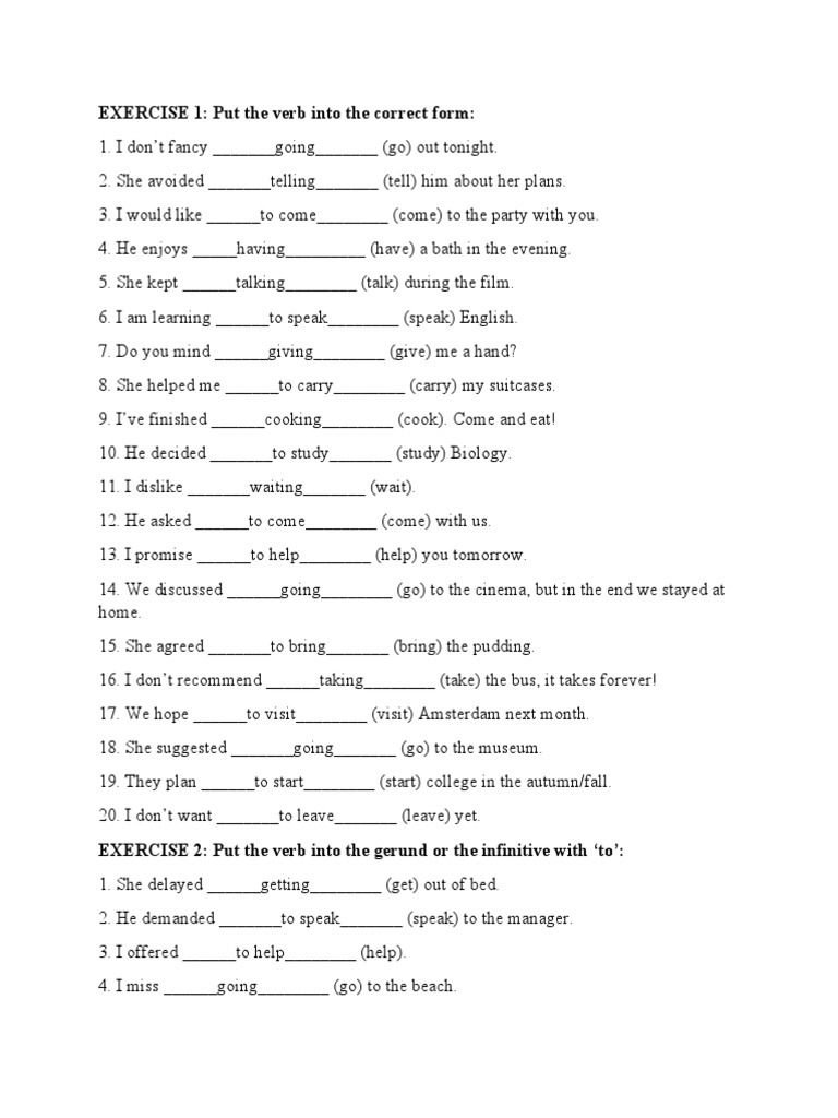 Gerund and Infinitive Exercises PDF | PDF | Foreign Language Studies ...