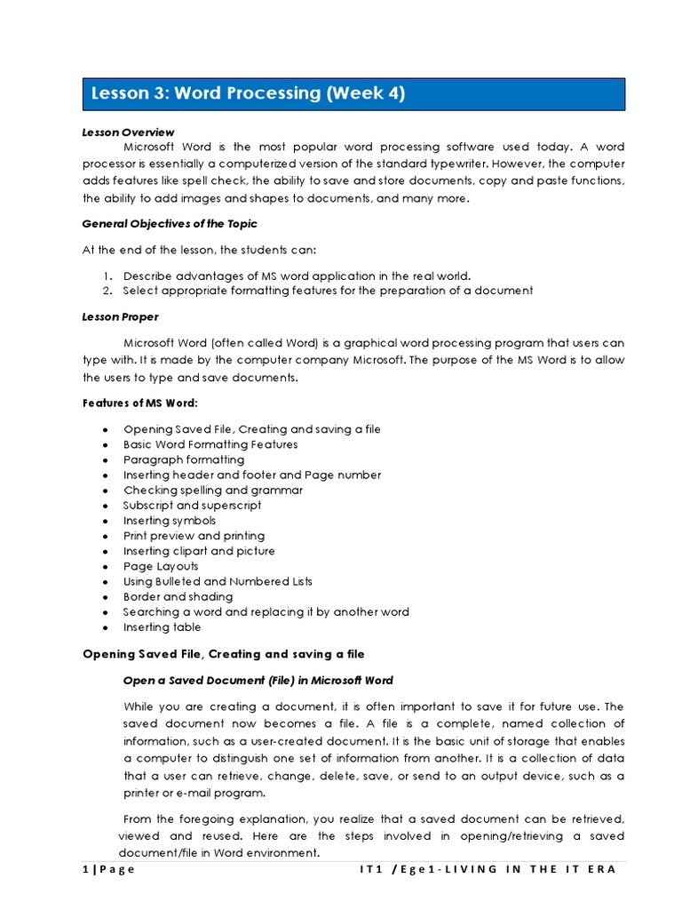 Lesson 3 - Word Processing | PDF | Microsoft Word | Computer File
