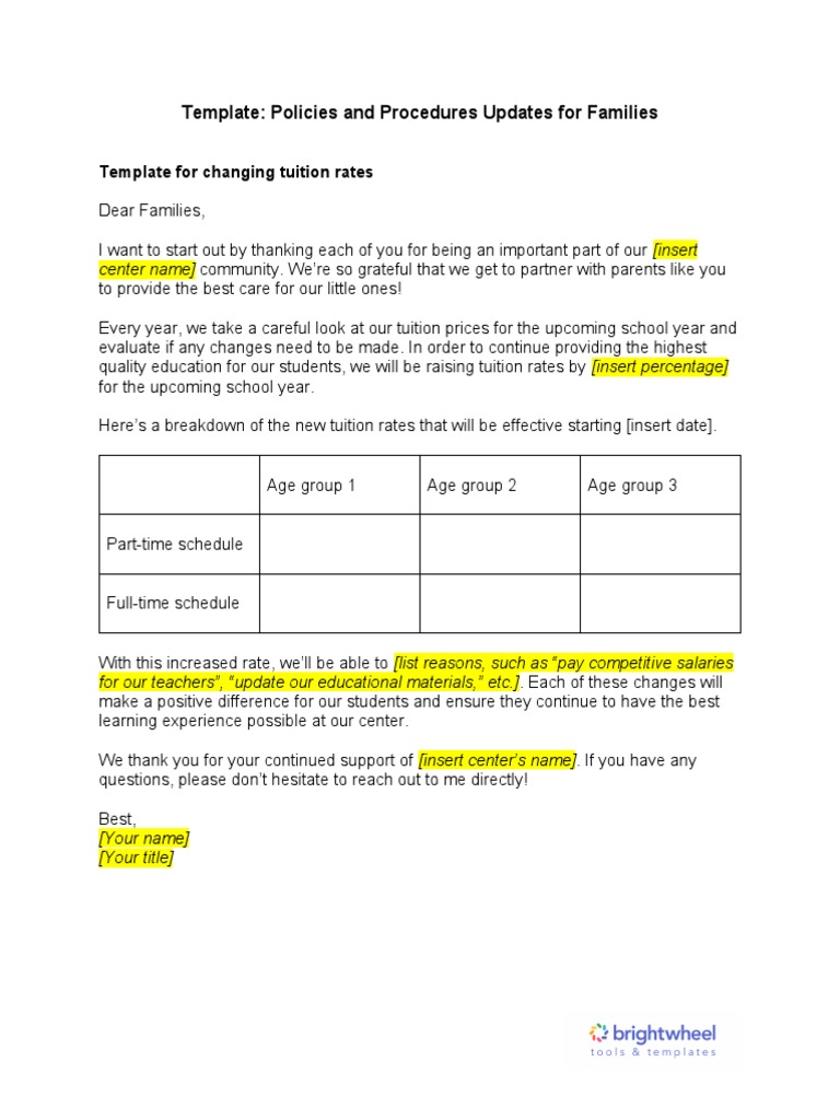 Policies and Procedures Updates Template - Brightwheel | PDF | Health ...