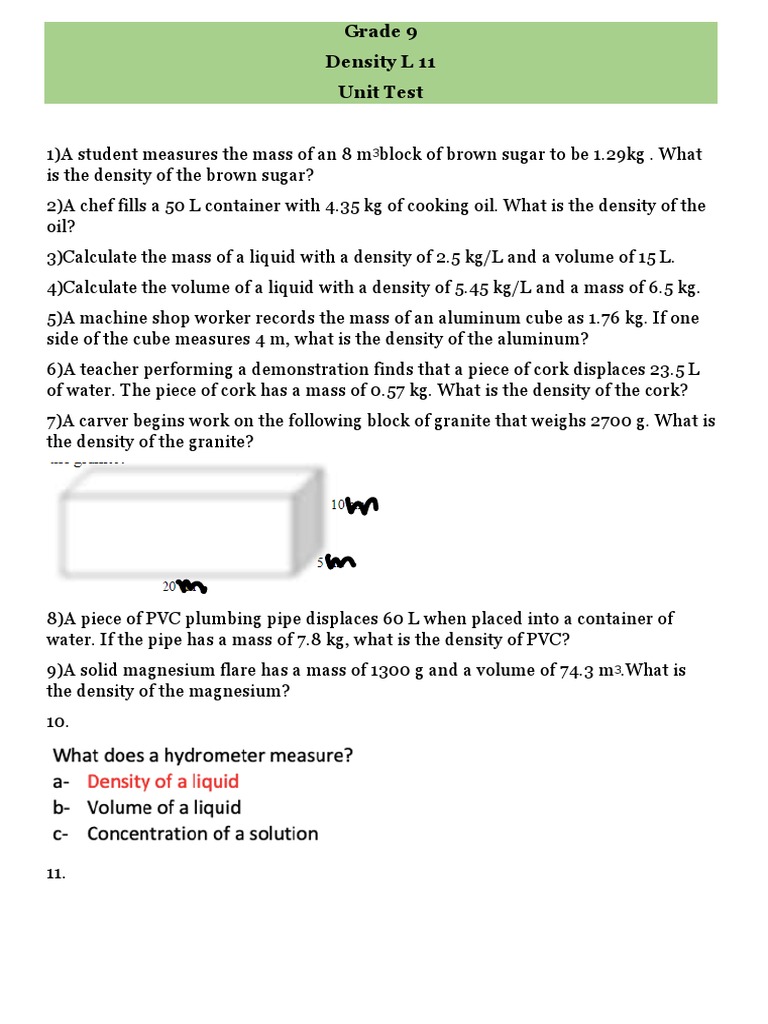 Grade 9 L 11 Unit Test Density | PDF