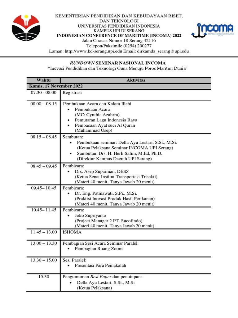 Rundown Dan Jadwal Sesi Paralel INCOMA (Revisi) | PDF