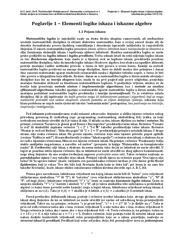 (MUR1 2022-23) Poglavlje 1 - Elementi Logike Iskaza I Iskazne Algebre | PDF