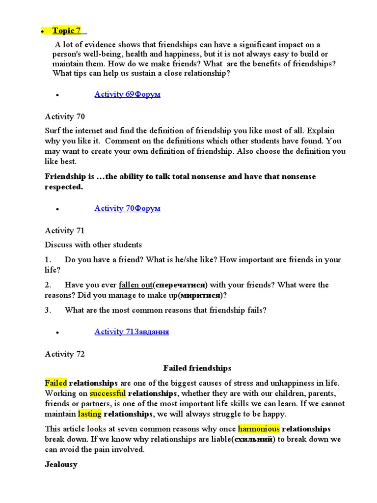 Topic 7 2019 | PDF | Friendship | Jealousy