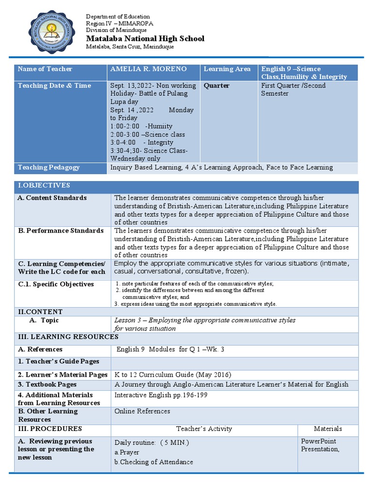 DLL Eng.9 - 13 | PDF | Learning | Teaching Method