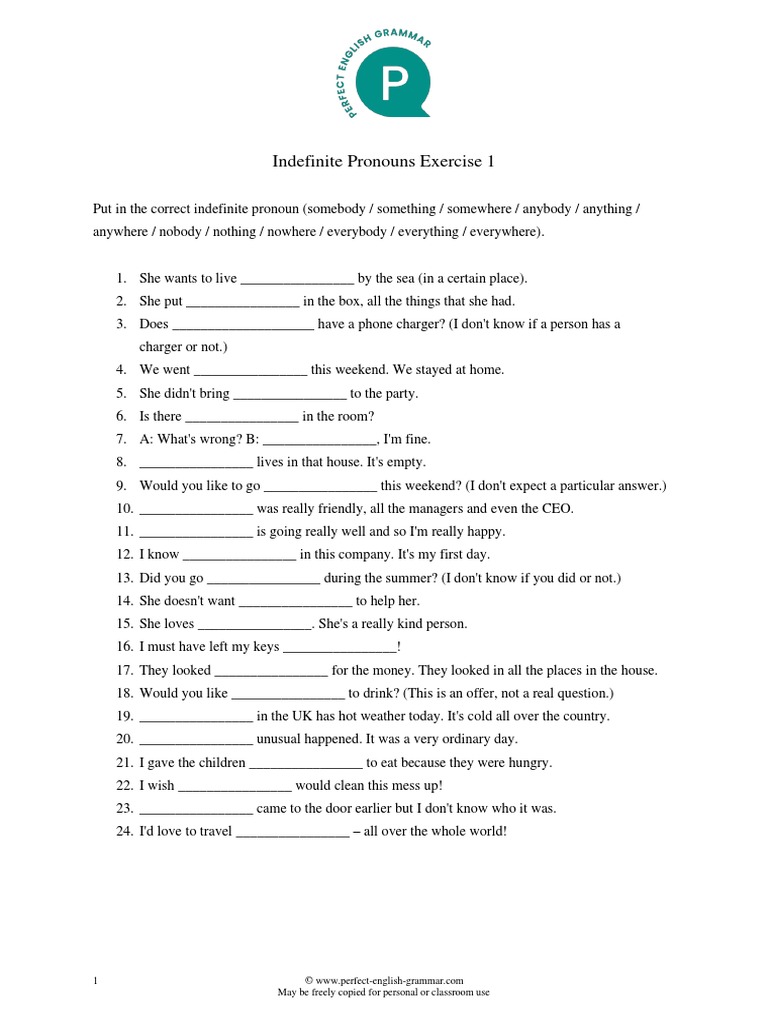 Indefinite Pronouns Exercise 1 1 | PDF | Language Arts & Discipline