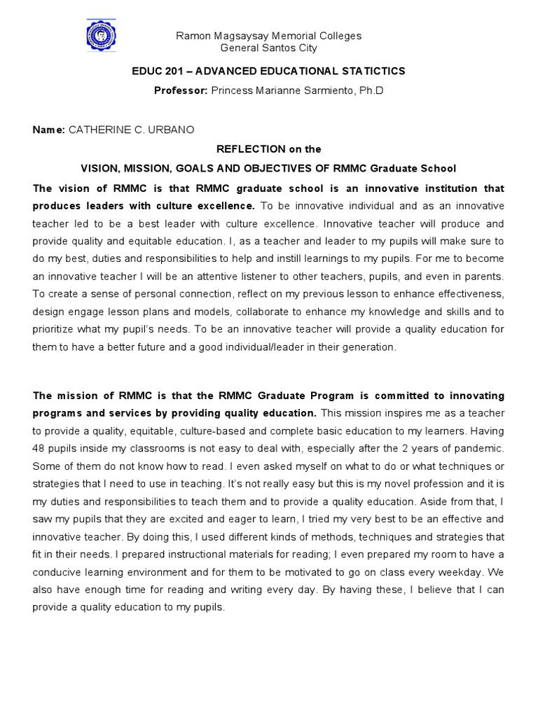 Reflection Mission, Vission, Goals & Objectives | PDF | Teachers | Learning