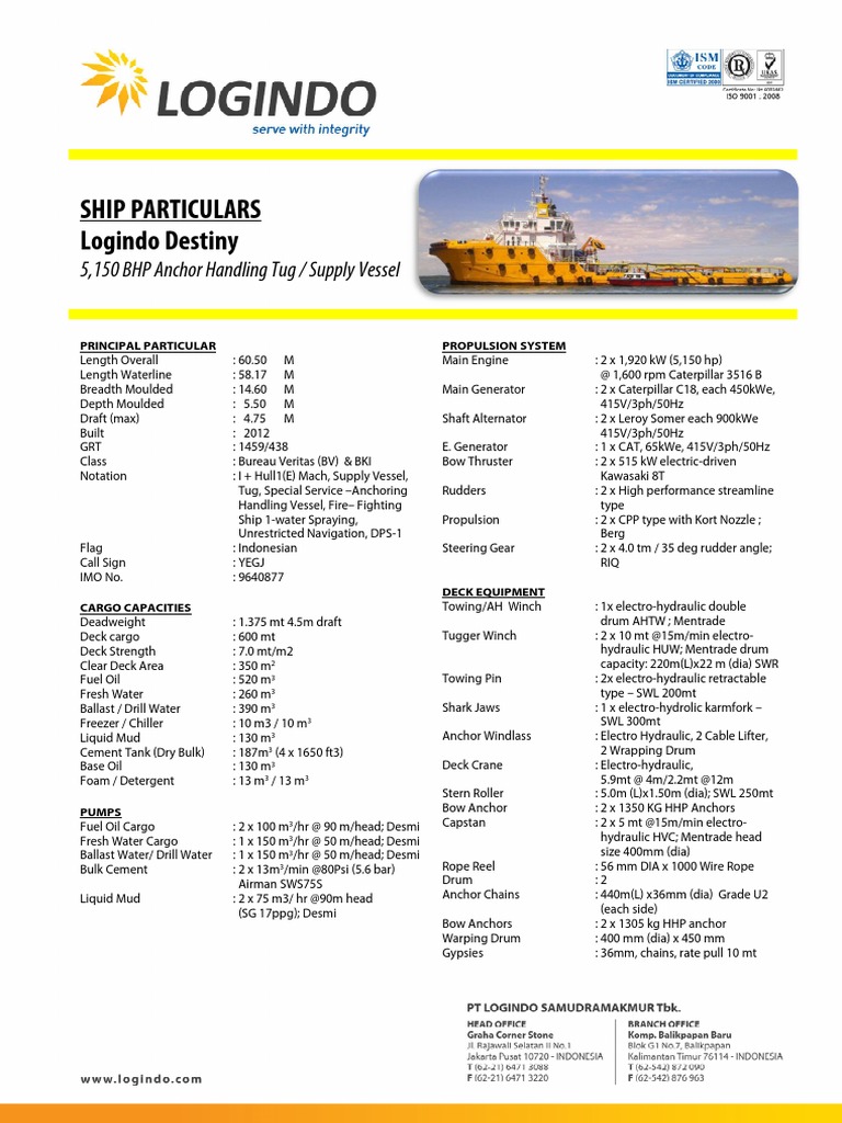 Ship Particular AHTS Logindo Destiny DP1 | PDF