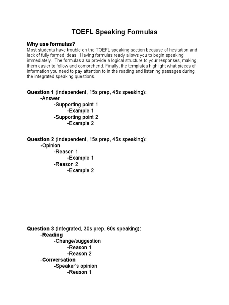 TOEFL Speaking Formulas | PDF