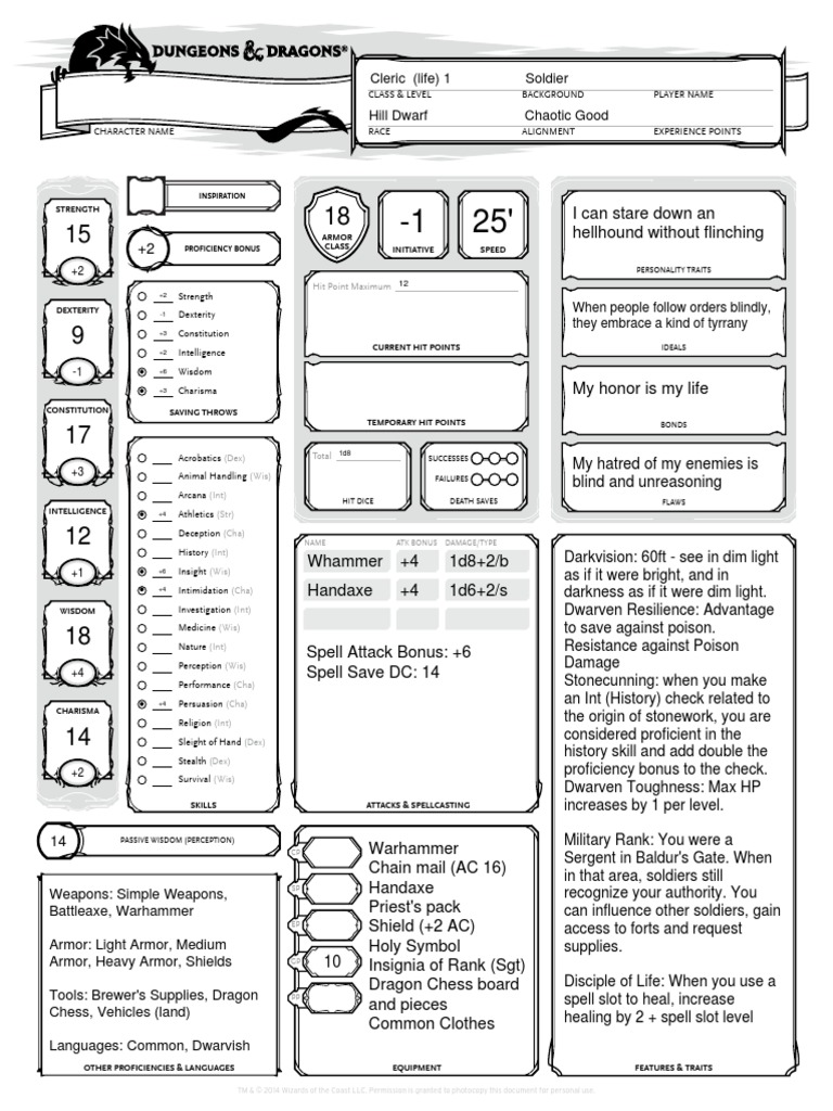 Character Sheet - Cleric 1 | PDF | Fantasy Role Playing Games ...