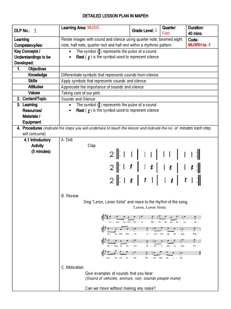 Grade 3 Music Lesson Plan: Sounds & Silence | PDF | Rhythm | Sound