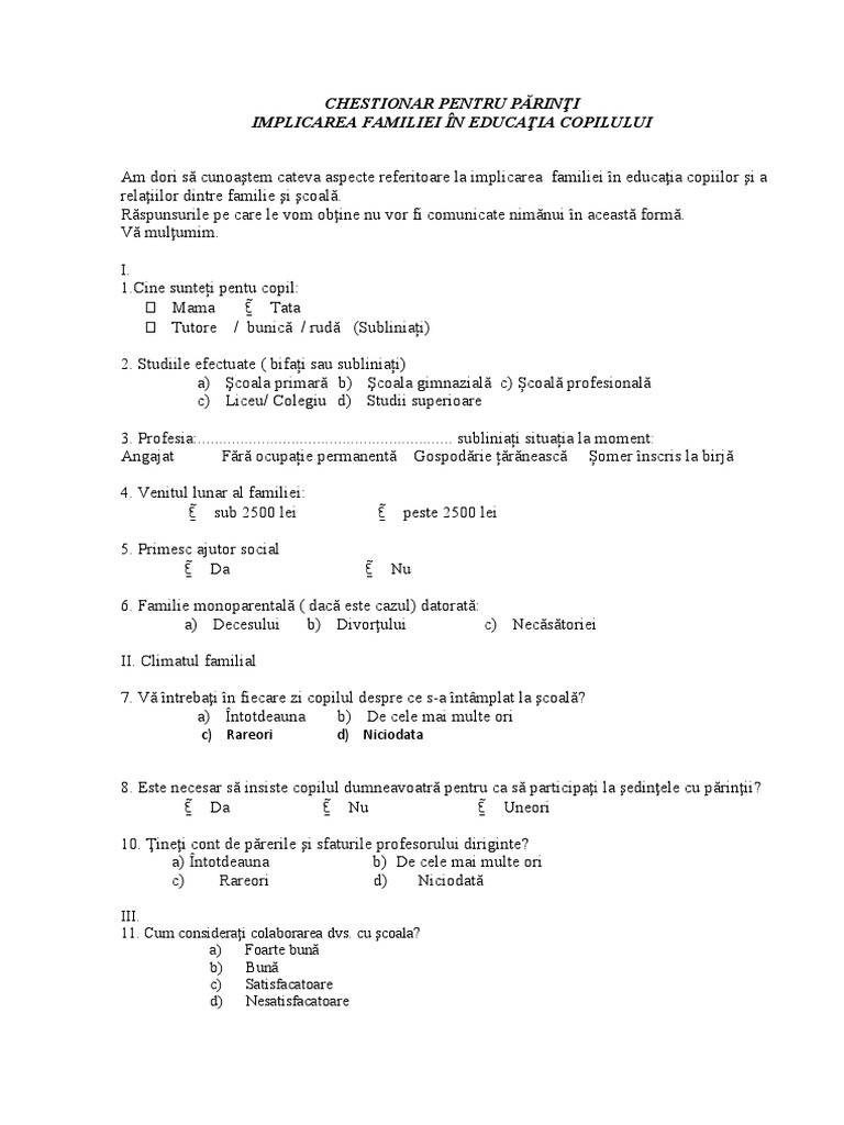 Chestionar Parinti Elevi | PDF