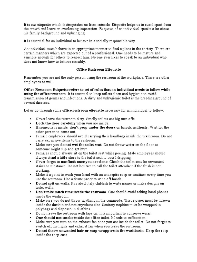 Office Restroom Etiquette Guidelines | PDF | Public Toilet | Etiquette