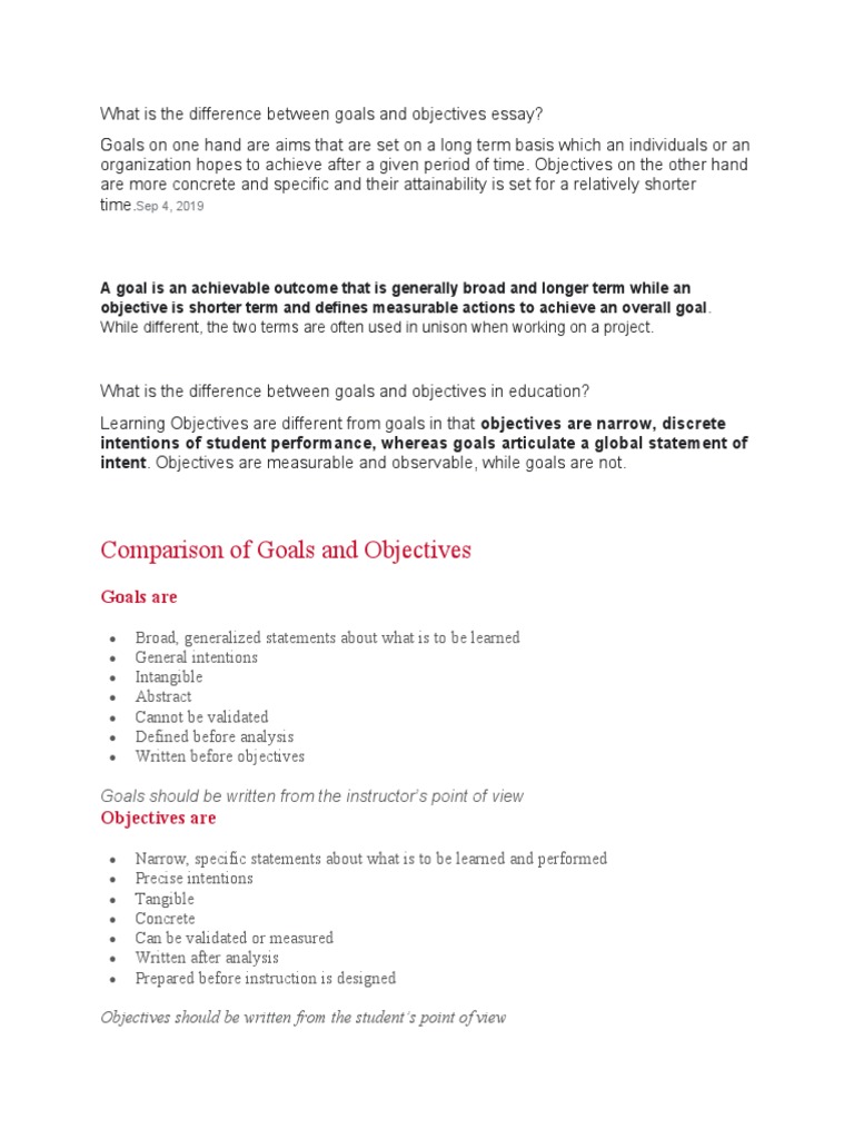 What Is The Difference Between Goals and Objectives Essay | PDF
