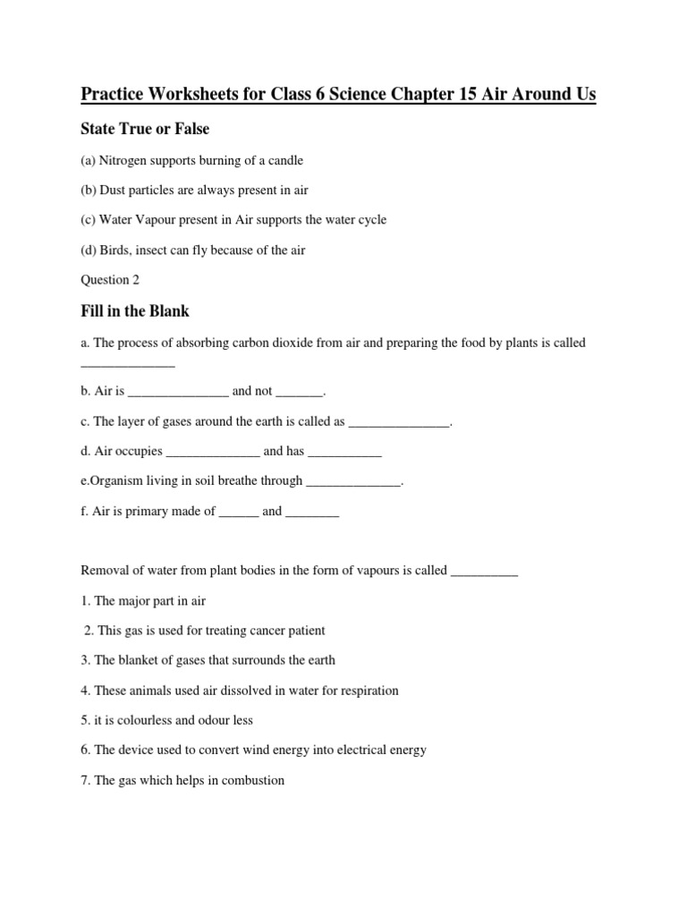 Practice Worksheets For Class 6 Science Chapter 15 Air Around Us | PDF