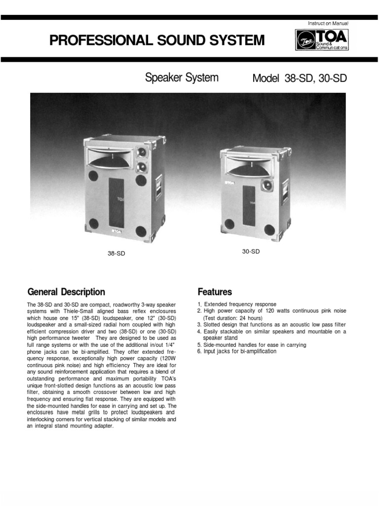 TOA 38-SD and 30-SD Speaker Systems | PDF | Loudspeaker | Amplifier