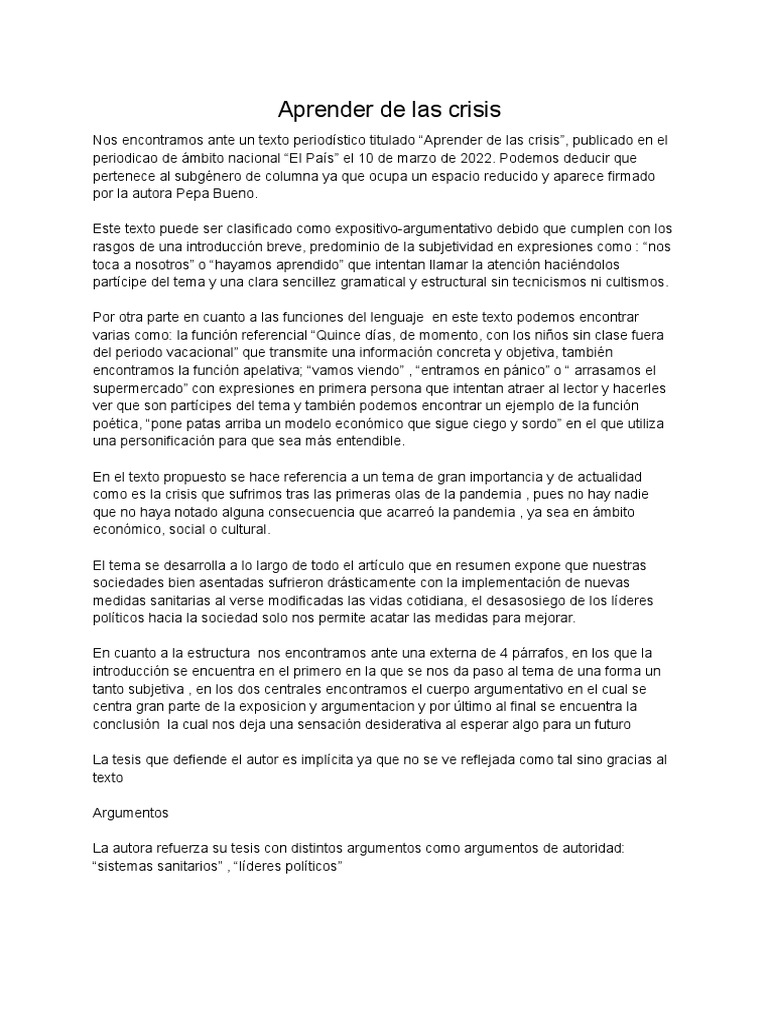 Comentario de Texto - Aprender de Las Crisis (Texto Ebau) | PDF | Palabra | Lingüística