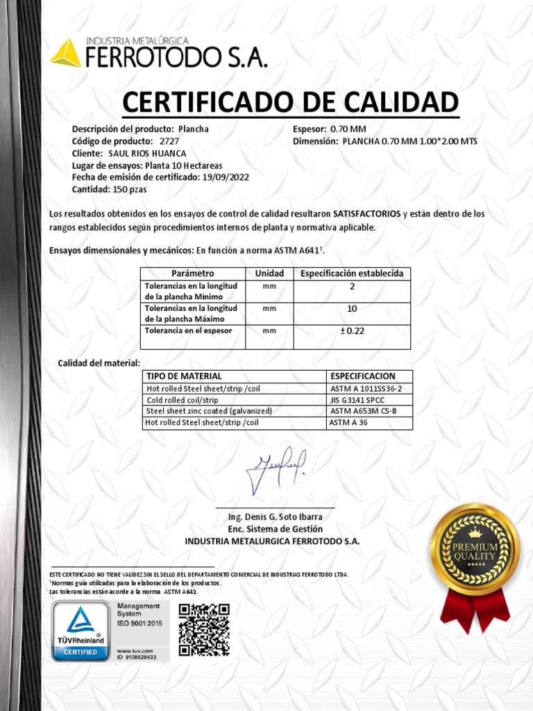 Certificado De Calidad Que Confirma Que Una Partida De Planchas De