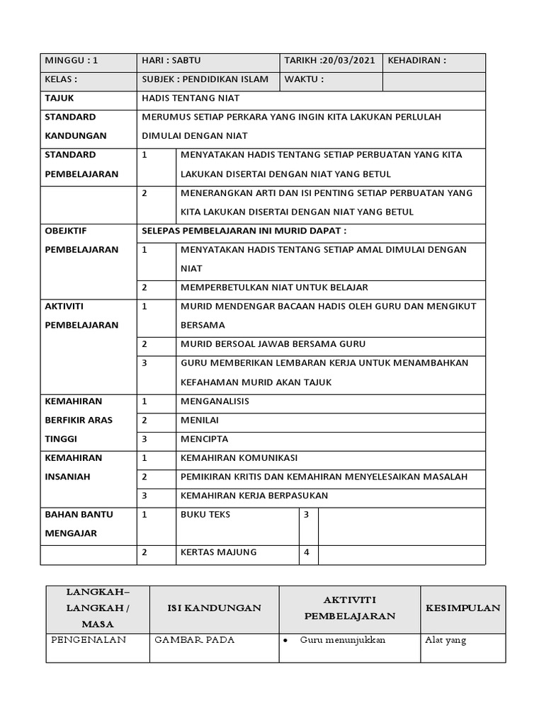 Contoh RPH Pendidikan Islam T4 | PDF
