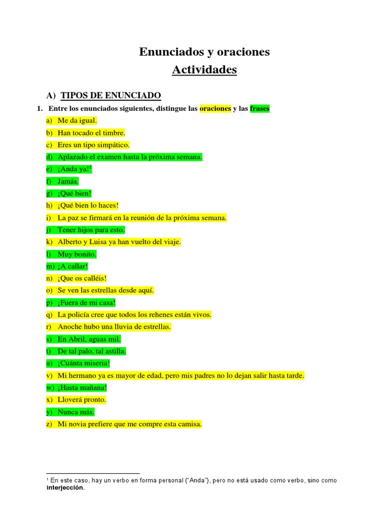 Enunciados y Oraciones Actividades: A) Tipos de Enunciado | Descargar ...