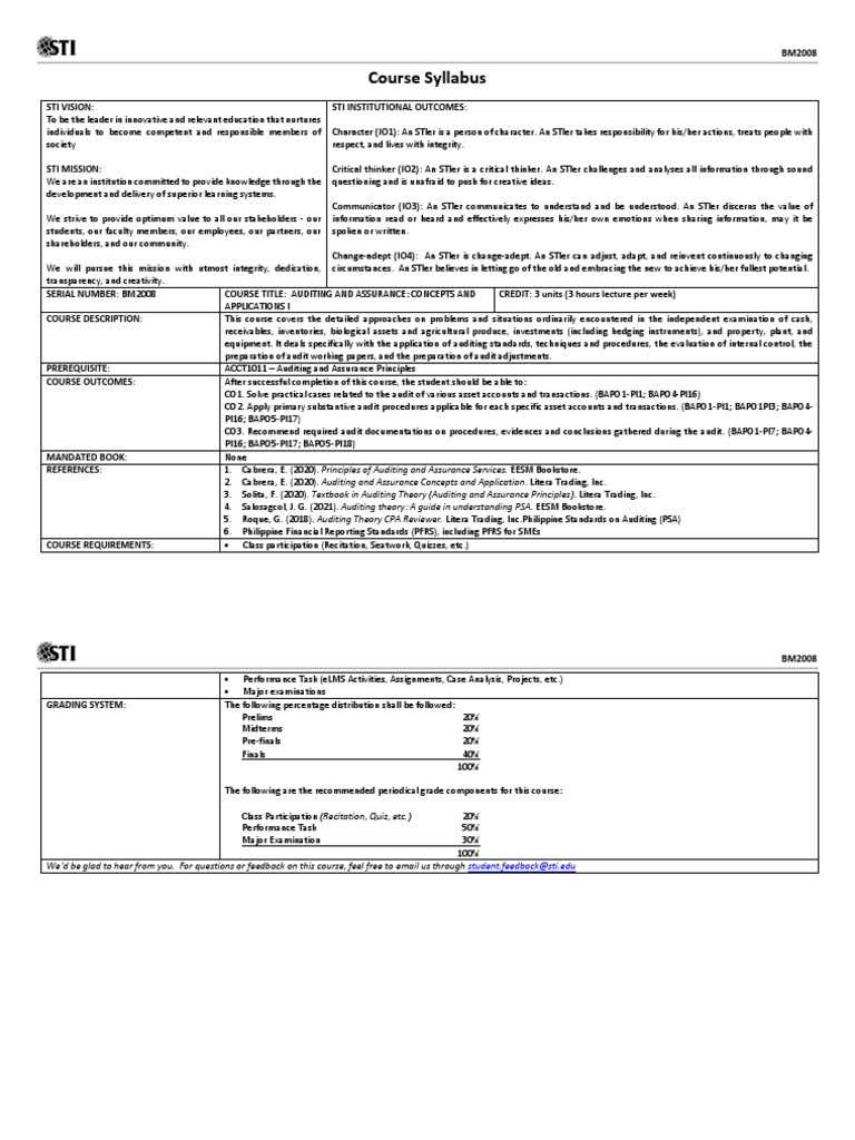 Course Syllabus for Auditing and Assurance Concepts | PDF | Internal Control | Audit