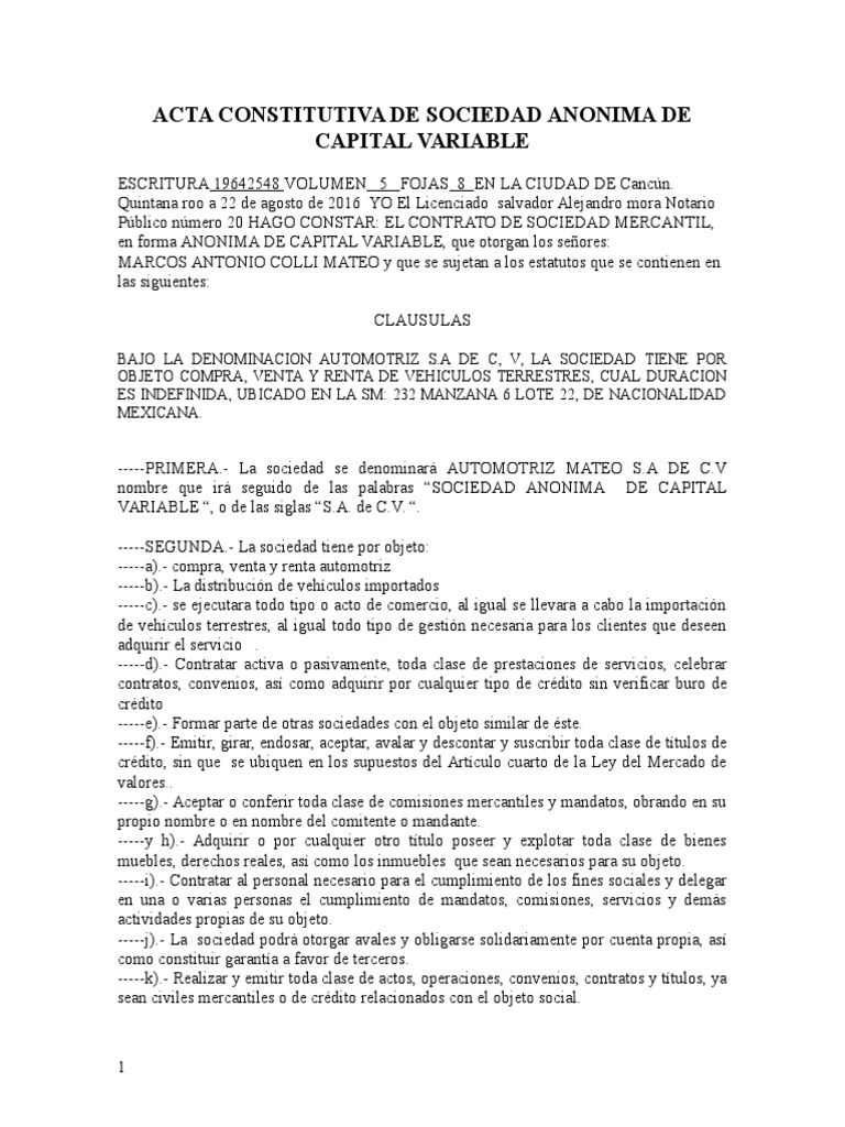 Acta Constitutiva | PDF | Sociedad de responsabilidad limitada | México
