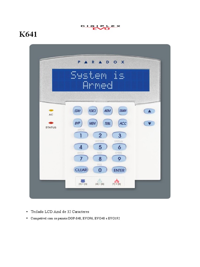 Teclado LCD Azul compatível painéis DGP-848 EVO96 EVO48 EVO192 | PDF