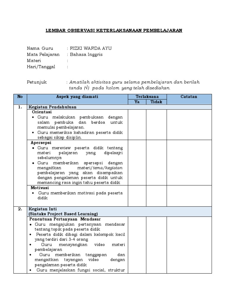 Lembar Observasi | PDF | Seni & Disiplin Bahasa | Seni