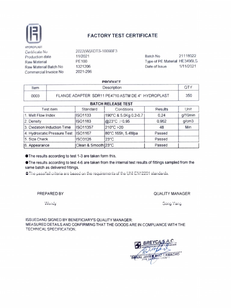 Flange Adapter 4 Hdpe SDR 11 Pe4710 Colada 21118022 | PDF