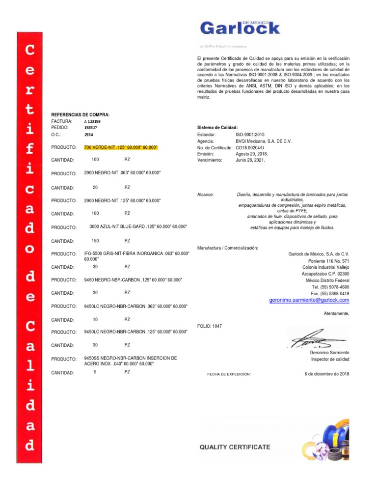 Ficha Técnica Garlock 700 y Dorich & Watkin | PDF