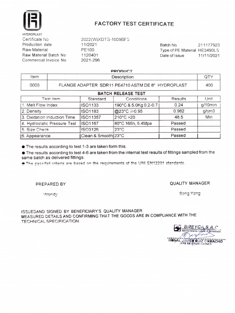 Flange Adapter 8 Hdpe SDR 11 Pe4710 Colada 211177923 | PDF