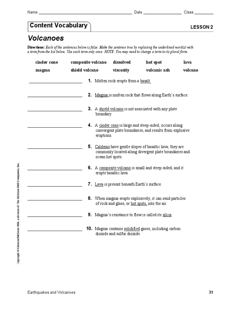 Representative Title for Volcanoes Content Vocabulary Lesson Document ...